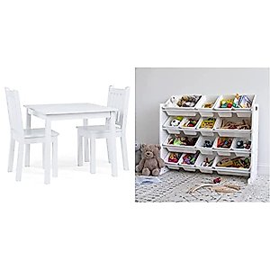 Humble Crew, White Kids Wood Square Table and 2 Chairs Set & Extra-Large Toy Organizer, 16 Storage Bins, White/White