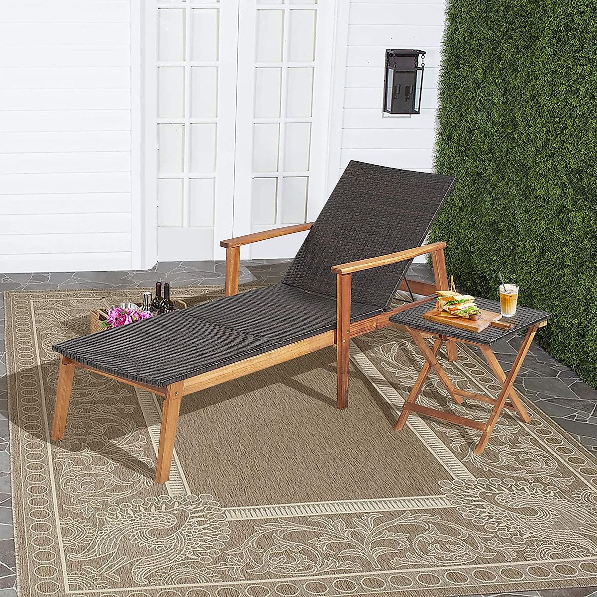 Tangkula 2 Piece Patio Chaise Lounge & Table Set, Outdoor Rattan Recliner w/Folding Side Table, 4-Level Adjustable Backrest, Solid Acacia Wood Frame, Recliner & Table Set for Backyard (Mix Brown)