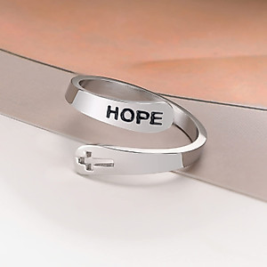ANIEJUFI Stainless Steel Hope Cross Ring Minimalist Christian Finger Open Rings for Women Inspirational Jewelry Gifts, Hope
