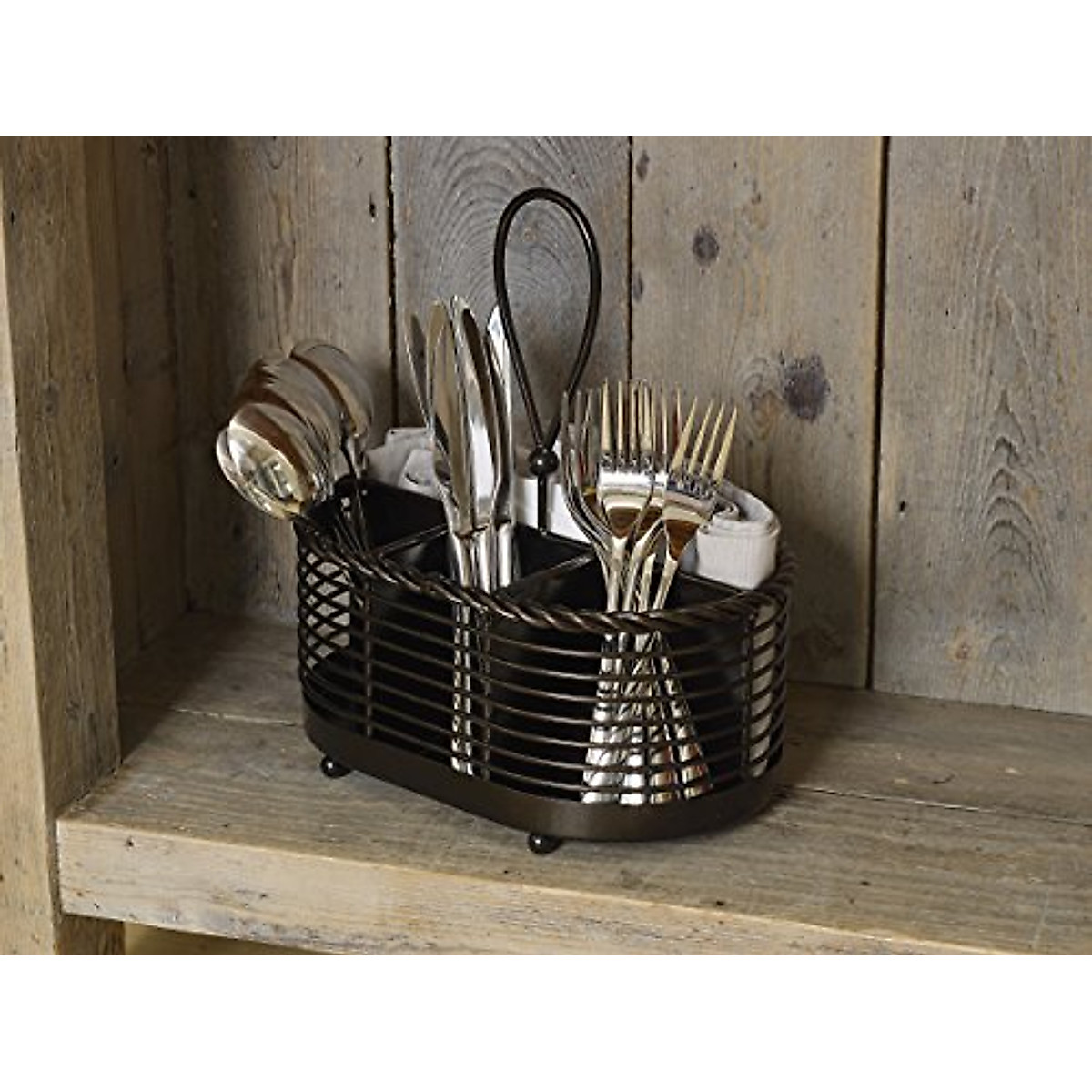 Gourmet Basics by Mikasa Rope Metal Tabletop Flatware and Napkin Picnic Caddy, 10", Antique Black