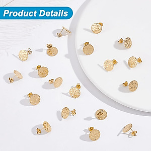 UNICRAFTALE 40pcs Golden Textured Flat Round Stud Earring Findings Circle Disc Stainless Steel Earring Post with Loop Blank Earring Studs with Ear Nuts 1.4mm Hole