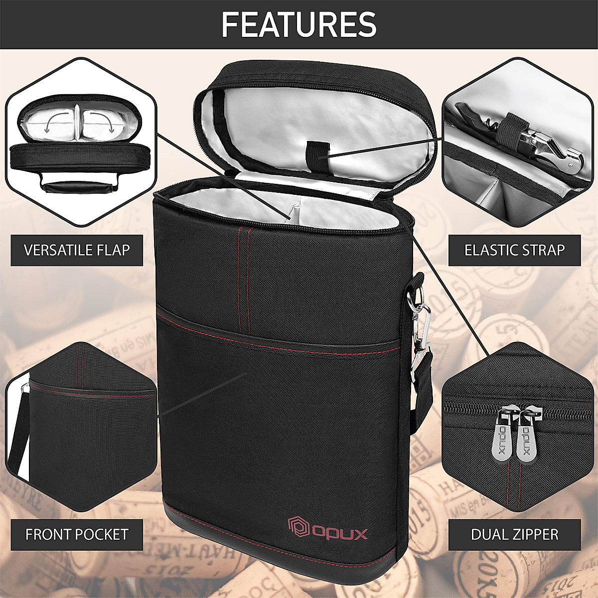 OPUX 2 Bottle Wine Carrier Tote, Insulated Leakproof Wine Cooler Bag, Wine Travel Bag Tote for Picnic BYOB Beach, Portable Wine Bottle Carrying Case, Gift for Wine Lover Women Men Christmas, Black