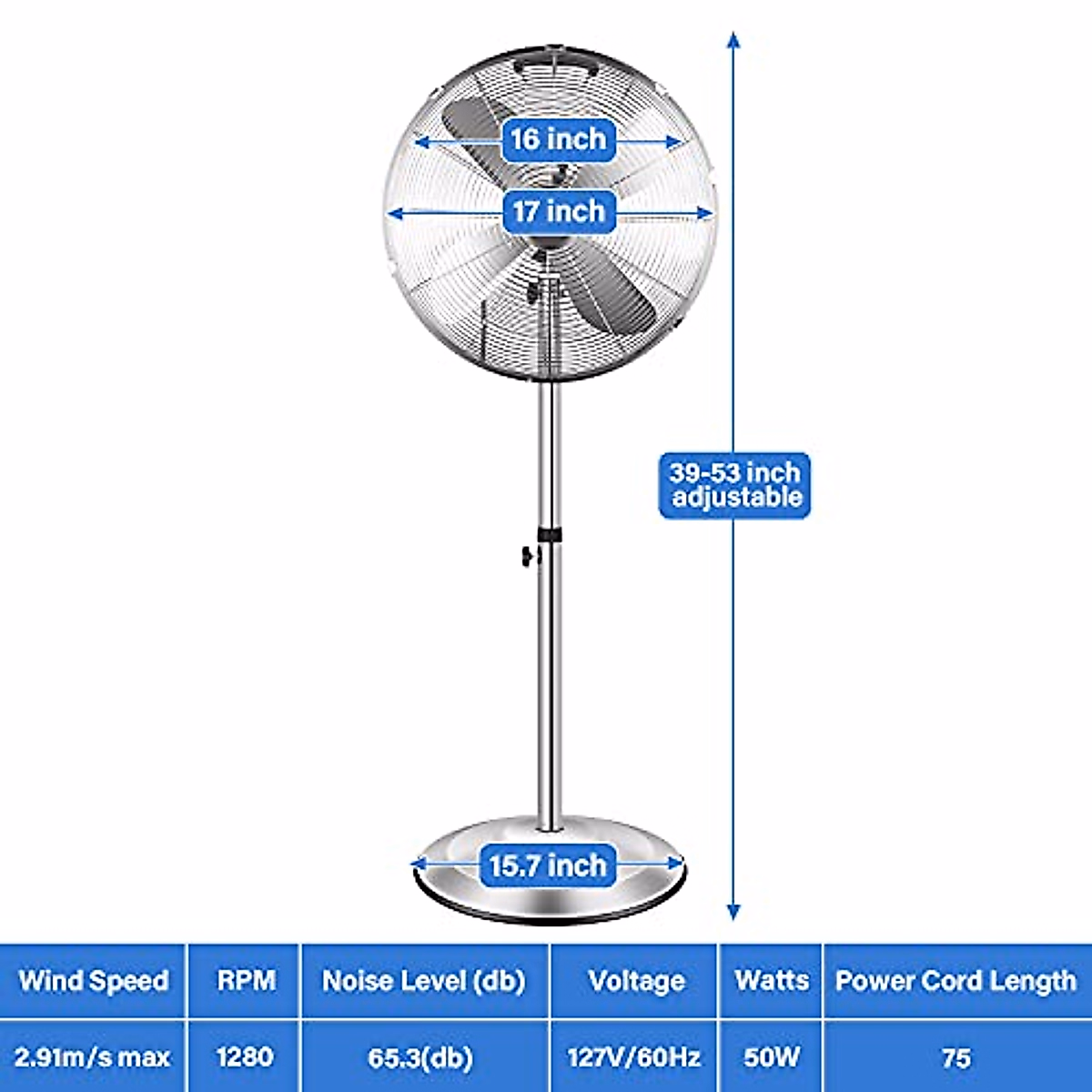 16 Inch Stand Fan, Adjustable Heights, Horizontal Ocillation 75°, 3 Settings Speeds, Low Noise, Quality Made Durable Fan, High Velocity, Heavy Duty Metal For Industrial, Commercial, Residential