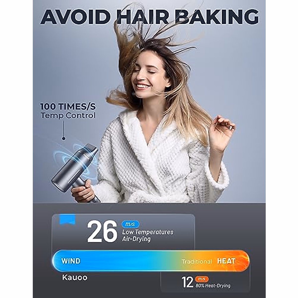 Hair Dryer, Kauoo High Speed Blow Dryer 2X Faster, 200 Million Ionic Hair Dryer, Low Noise, Lightweight Hairdryer for Home Travel, 110,000 RPM Motor, More Protection, Magnetic Nozzle, Color LED Light