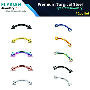 ELYSIAN 10Pcs tainless Steel Rook Daith Earrings Belly Lip Ring Eyebrow Studs Cartilage Tragus Cubic Zirconia Barbell Body Piercing 8mm (5/16''), Blue, Black, Green, Gold, Pink, Purple, Silver