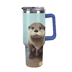 LLUTSNTH 40 Oz Vacuum Tumbler with Deep Blue Handle Leakproof Insulated Tumbler Cute Otter Stainless Steel Travel Mug with Lid And Straw Coffee Cup Cute Water Bottles Cup Holder Friendly