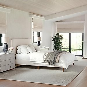 Martha Stewart Britta Platform Bed with Headboard & Footboard, Faux Linen Upholstery with Piping Detail, Rounded Headboard, No Box Spring Needed, Full, Beige