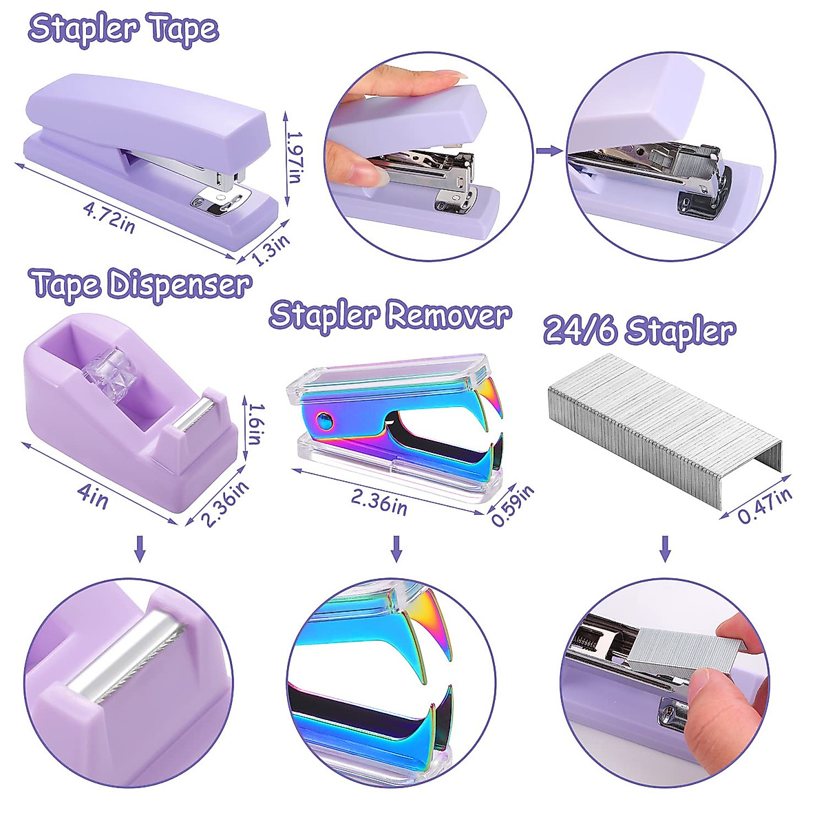 Purple Desk Accessories Set, Purple Gifts Office Supplies Kit Stapler and Tape Dispenser Set with Staple Remover 1000 Staples Pen Holder Office Gift for Coworkers