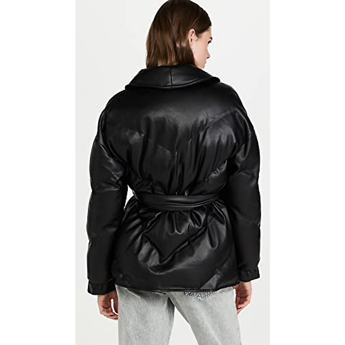 [BLANKNYC] womens Black Vegan Leather Puffer Belted Jacket, The Love Doctor, Small US