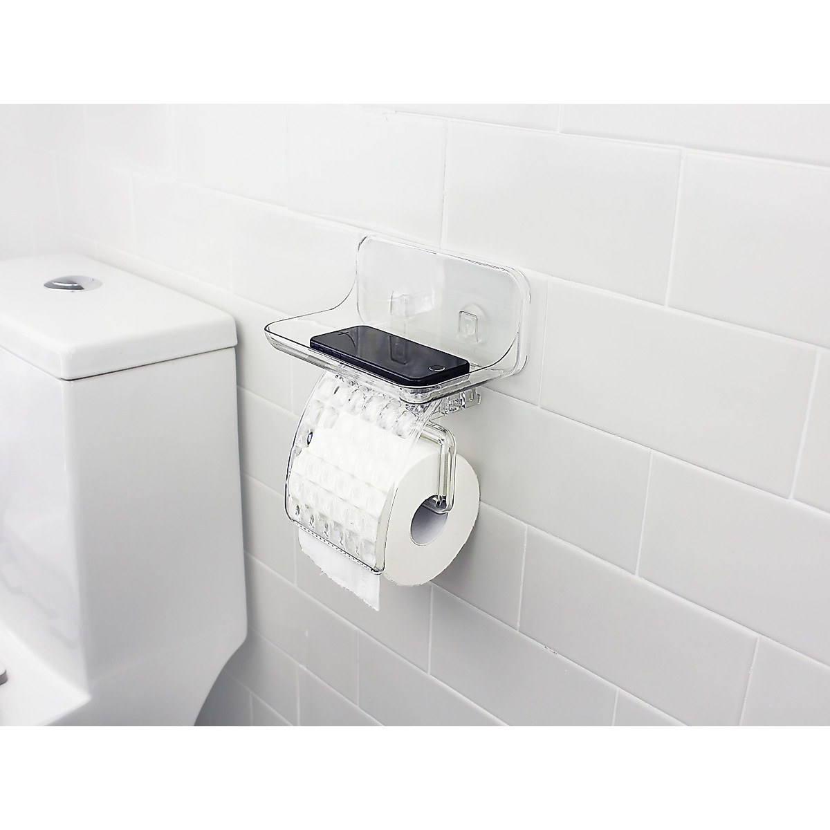 COLINCH Acrylic No Drill Toilet Paper Holder with Shelf - Splashproof, Cat-Proof Tissue Roll Holder, Adhesive Wall Mounted Bathroom Wipes Storage