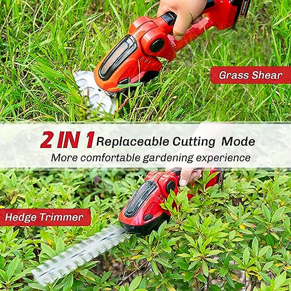 SCHTUMPA 21V 1260-RPM Cordless Grass Shears, 2-in-1 Mini Hedge Trimmer Cordless, Handheld Grass Trimmer Cordless, Electric Bush Trimmer Cordless, 2 Batteries and Charger Included,Red