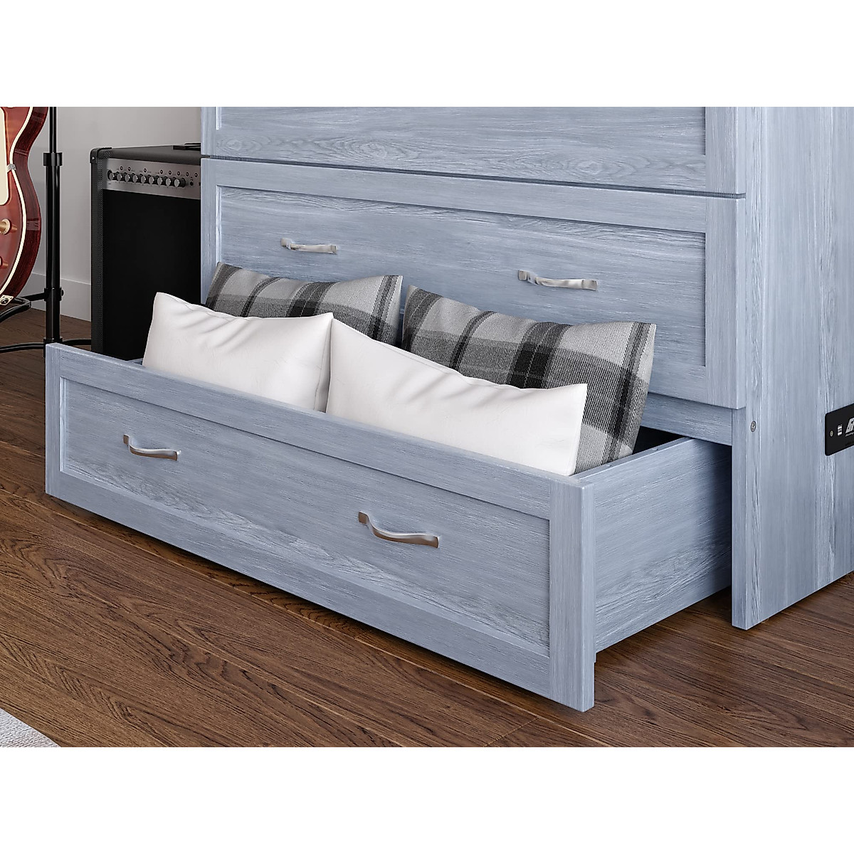 AFI Northfield Twin XL Size Murphy Bed Chest with Mattress, Storage, & Built-in Charger in Driftwood