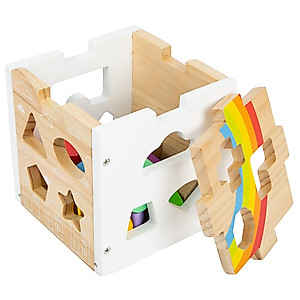 Wooden Rainbow Shape Sorter Cube – Sorting Toy with 13 Geometric Shapes & Removable Lid – Educational Game for Dexterity & Fine Motor Skills – Teaches Counting, Shapes and Colors – Ages 12+ Months