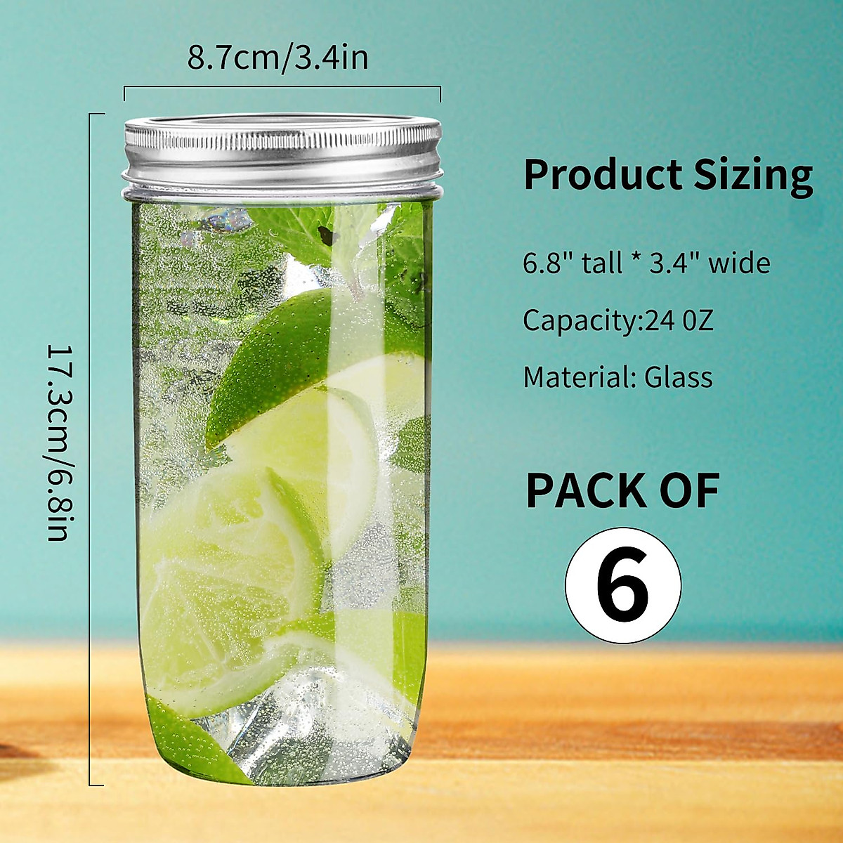 Galssmagic 24 oz mason jars,6 Pack Wide Mouth Mason Jars 24oz with lids,Tall Mason Jars for Canning,Preserving,Fermenting,Pickling