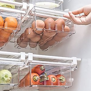 Yatmung Fridge Drawer organizer and storage clear box, under shelf drawer refrigerator for Egg/Fruit/Vegetable, refrigerator organizer bins pull out drawer, Adjustable fridge storage containers 2-Pack