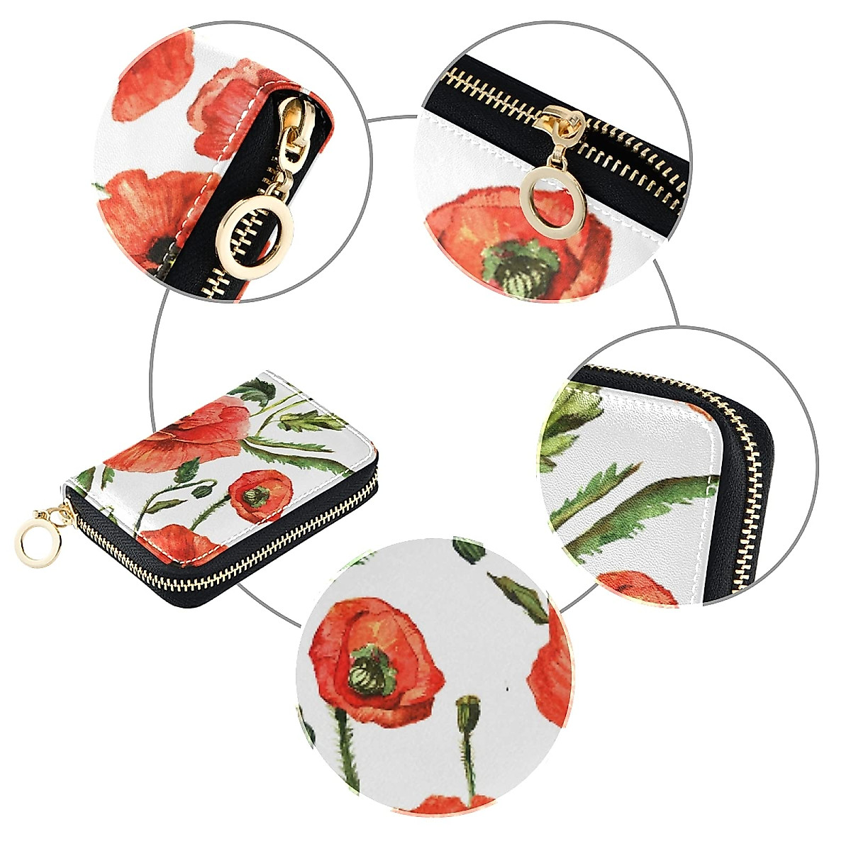 Wildflower Red Poppy Flower Credit Card Coin wallet, RFID Blocking Compact Women Leather Card Holder, Key Change Organizer, Zipper Purse Clutch Pouch Pocket
