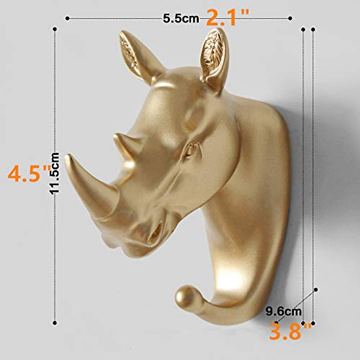 Set of 3 Elephant Head Giraffe Head and Rhino Head Wall Hooks / Hangers Animal Shaped Coat Hat Hooks (Gold)