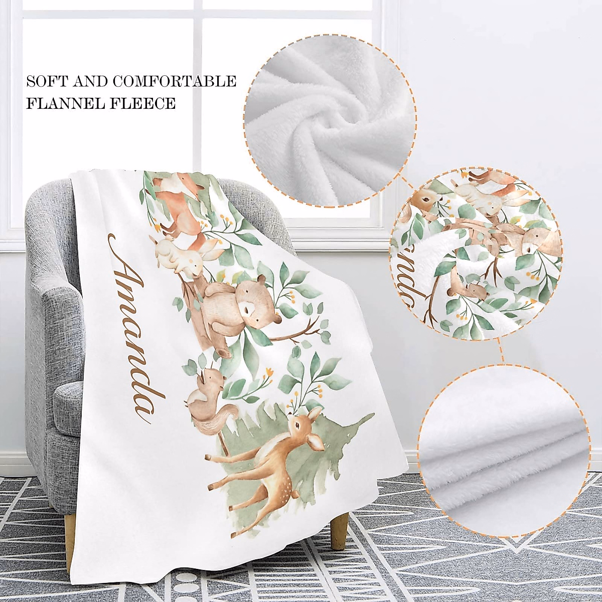 Animals Woodland Forest Personalized Baby Blanket for Girls Boys with Name Custom Soft Fleece Swadding Blankets 30'' x 40'' for Newborn Baby Infants Kids