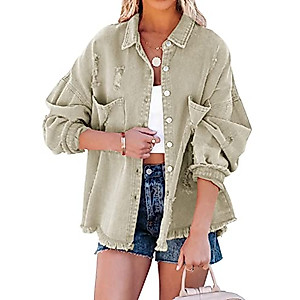 Necooer Women's Washed Denim Jacket Casual Long Boyfriend Distressed Vintage army green Jean Jacket Autumn Spring (Medium,C-ArmyGreen)
