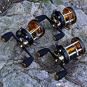 Sougayilang Fishing reels Round Baitcasting Reel - Conventional Reel - Reinforced Metal Body & Supreme Star Drag-Right Hand-Golden-Black-Warrior 5000