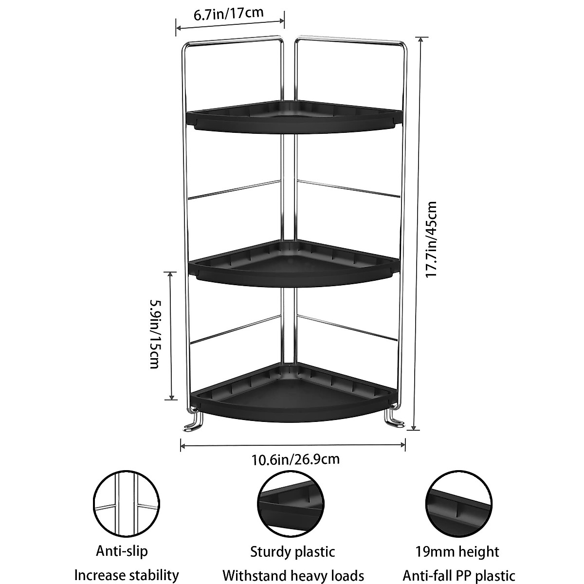 NLBTW 3 Tier Corner Bathroom Organizer Countertop, Bathroom Counter Shelf Vanity Organizer and Storage Cabinet for Makeup Skin Care Perfume Organizer Tray or Kitchen Spice Rack (Silver & Black)