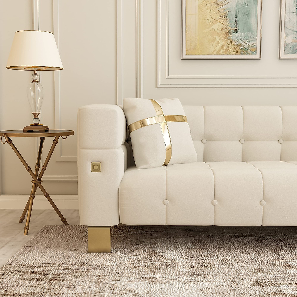 MoLiFaning 89" Modern Chesterfield Velvet Sofas Mid Century Modern Button Tufted Velvet Couches with 2 Pillows and Gold Legs,for Living Room Apartment Bedroom Office Beige