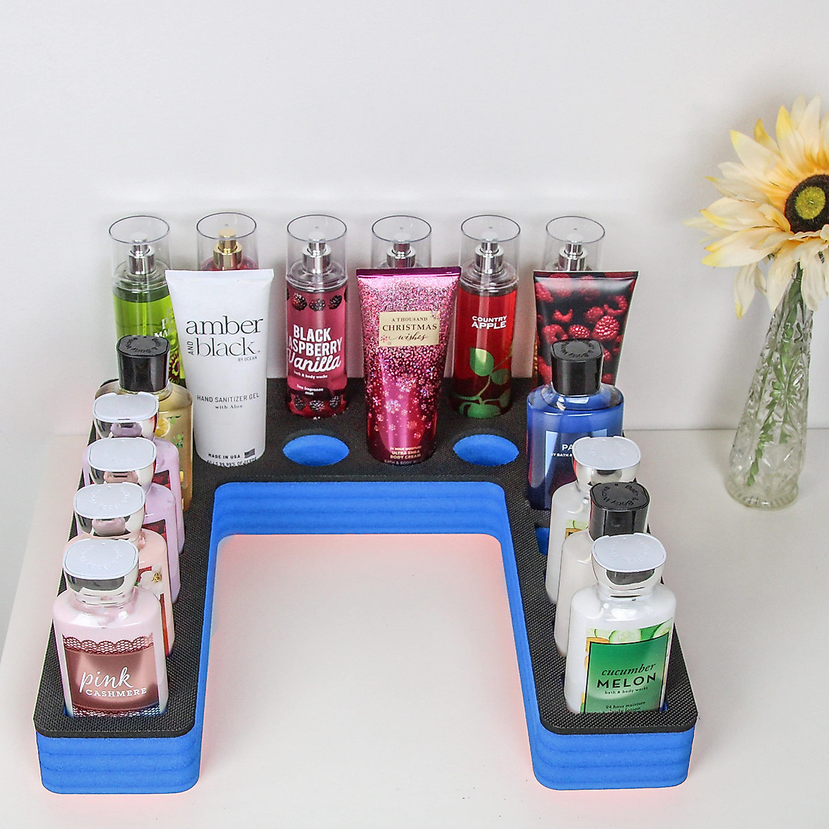 Polar Whale Lotion and Body Spray Stand Organizer Tray Blue and Black Durable Foam Washable Waterproof Insert for Home Bathroom Bedroom Office 16.25 x 16.25 x 2 Inches 22 Slots