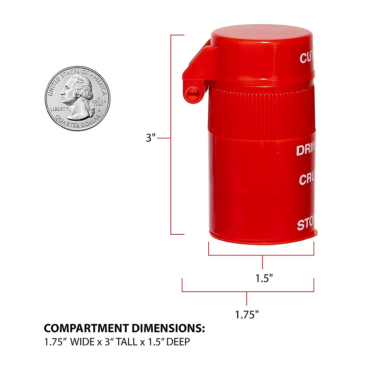 EZY DOSE 3 Compartment Pill Crusher, Cutter and Grinder, Daily Usage, Safely Cut Pills, Vitamins, Tablets, Accurate and Easy Cutting, Stainless Steel Blade, Removable Drinking Cup, Red, BPA Free