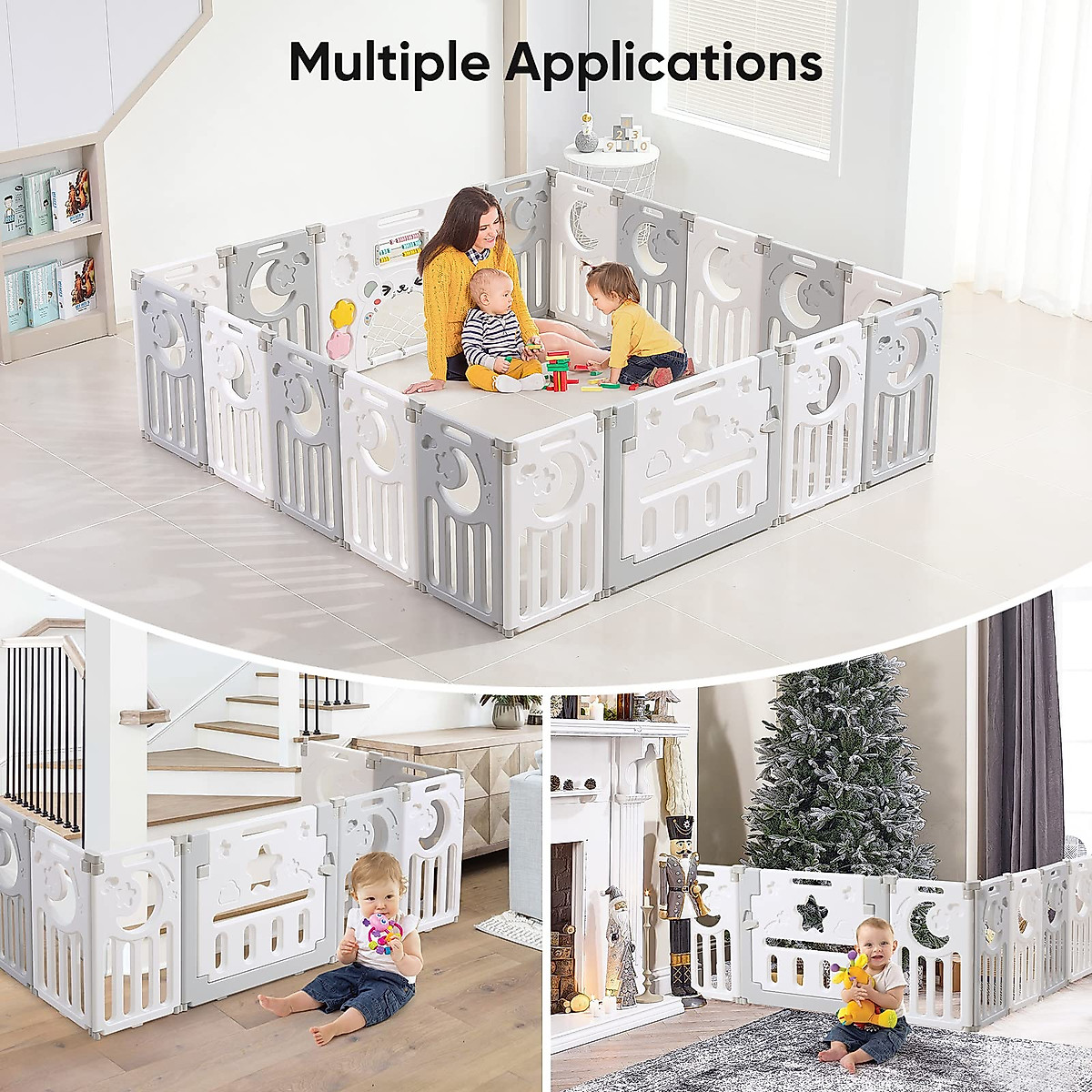 Dripex Baby Playpen, Foldable Playpen for Babies and Toddlers, Adjustable Shape Baby Fence, Safety Play Yard with Gate, Portable Play Area for Indoor or Outdoor (Grey+White,18 Panel)