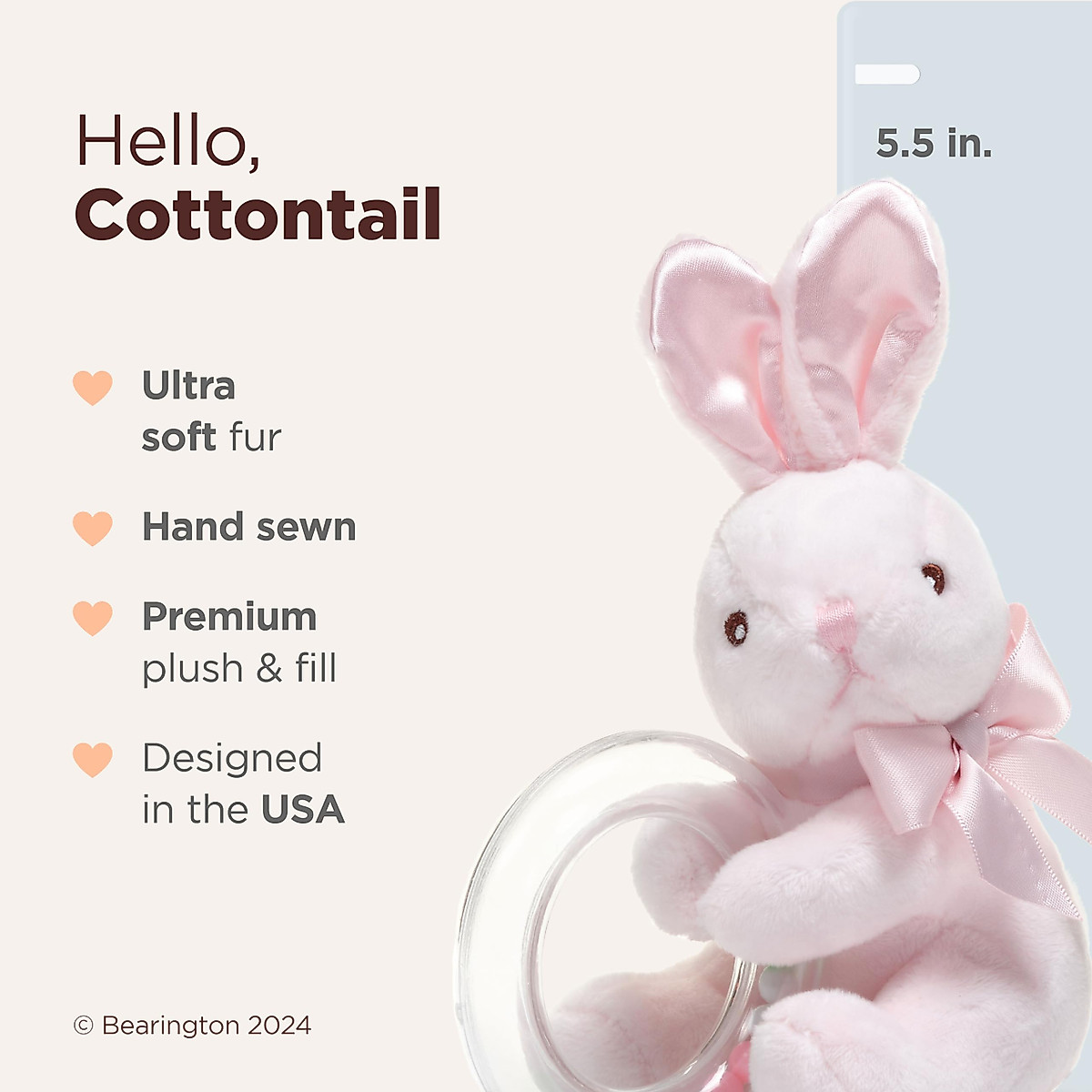 Bearington Baby Cottontail Plush Stuffed Animal Pink Bunny Shaker Toy Ring Rattle, 5.5"