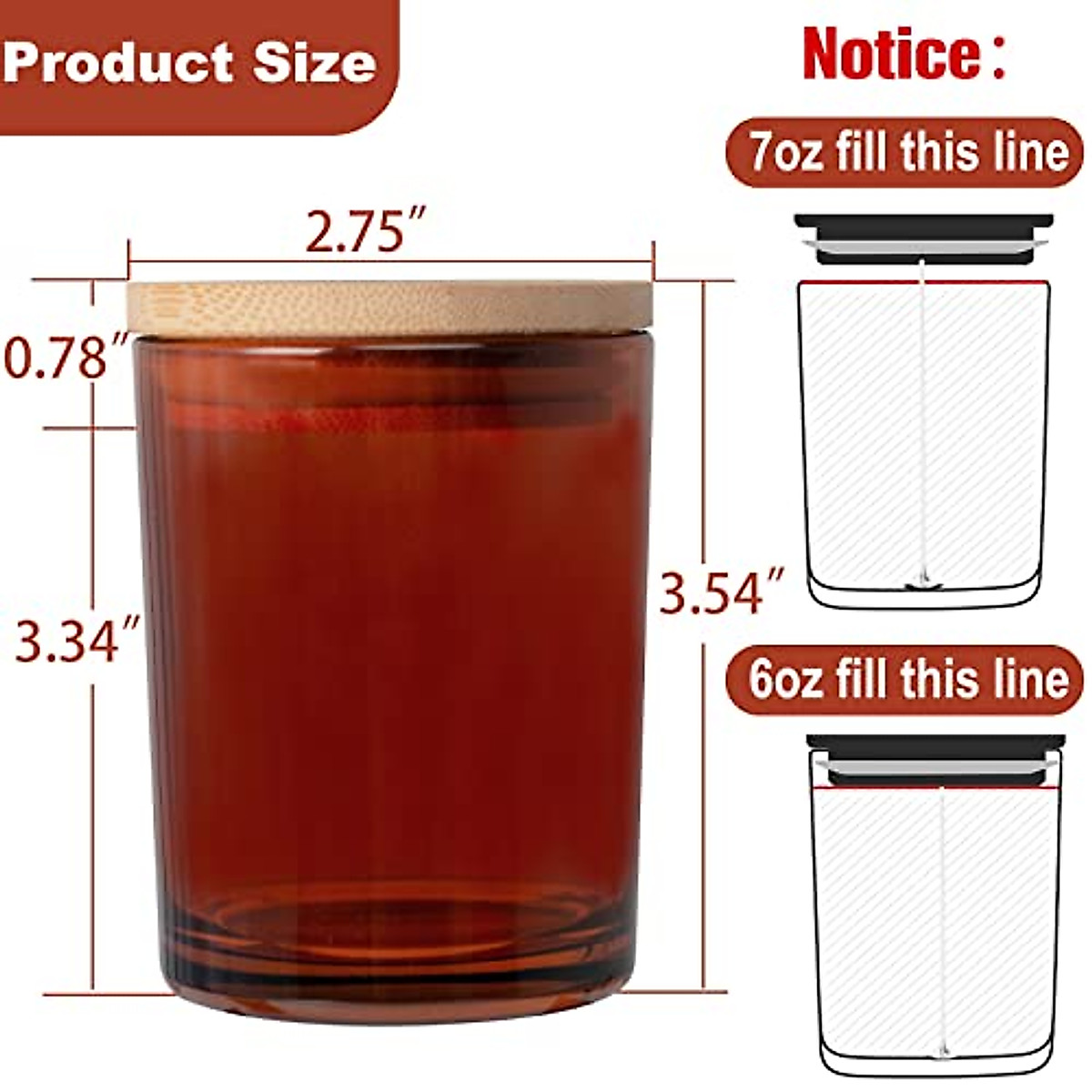 CONNOO 15 Pack 7 oz Amber Glass Candle Jars with Bamboo Lids for Making Candles, Empty Candle Container Tins with Carving Lids and Labels, Bulk Candle Tins