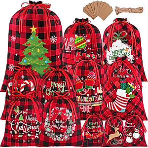 Aneco 12 Pieces Christmas Drawstring Gift Bag with Drawstrings Red and Black Buffalo Plaid Fabric Bag with Drawstring Cotton Xmas Candy Bags with 24 Tags Rope, Assorted Sizes