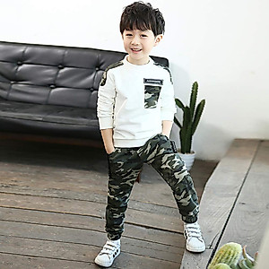 lontakids Boys Camouflage Outfit Teen Long Sleeve T-Shirt + Trousers Clothes Set (4/5, White)