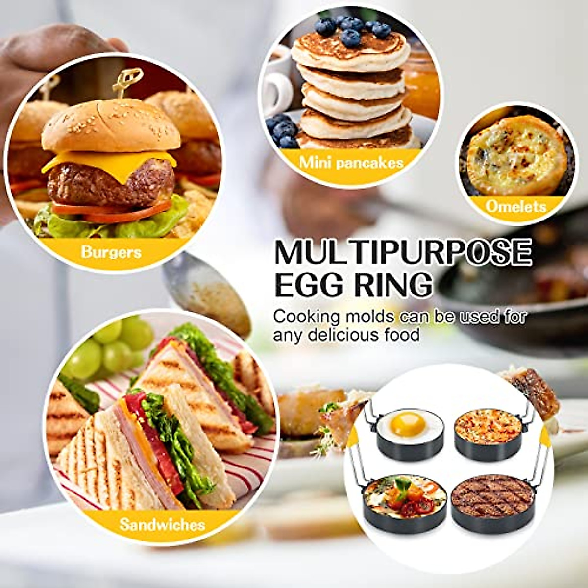 EuroBird Egg Rings for Frying Eggs, 3", 4" NonStick Egg Cooker Ring Molds, Stainless Steel Crumpet Ring Mold for English Muffins Pancake Breakfast Sandwich Burger Cooking Griddle