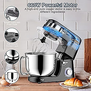 Stand Mixer, 6 IN 1 Multifunctional Electric Kitchen Mixer 660W 6 Speed with 7.4QT Stainless Steel Bowl, 1.5L Glass Jar, Meat Grinder, Dough Hook, Whisk, Beater, Sausage Kit, Food Mixer for Baking