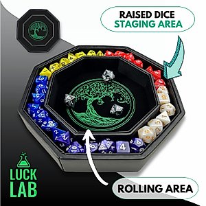 Luck Lab 8 Inch Dice Tray – Green - with Lid and Dice Staging Area for RPG Table Top Gaming- Tree of Life Design