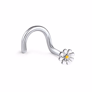 316L Surgical Steel, Rhodium Plated Brass Right Nostril Screw Nose Ring Daisy Flower 20G