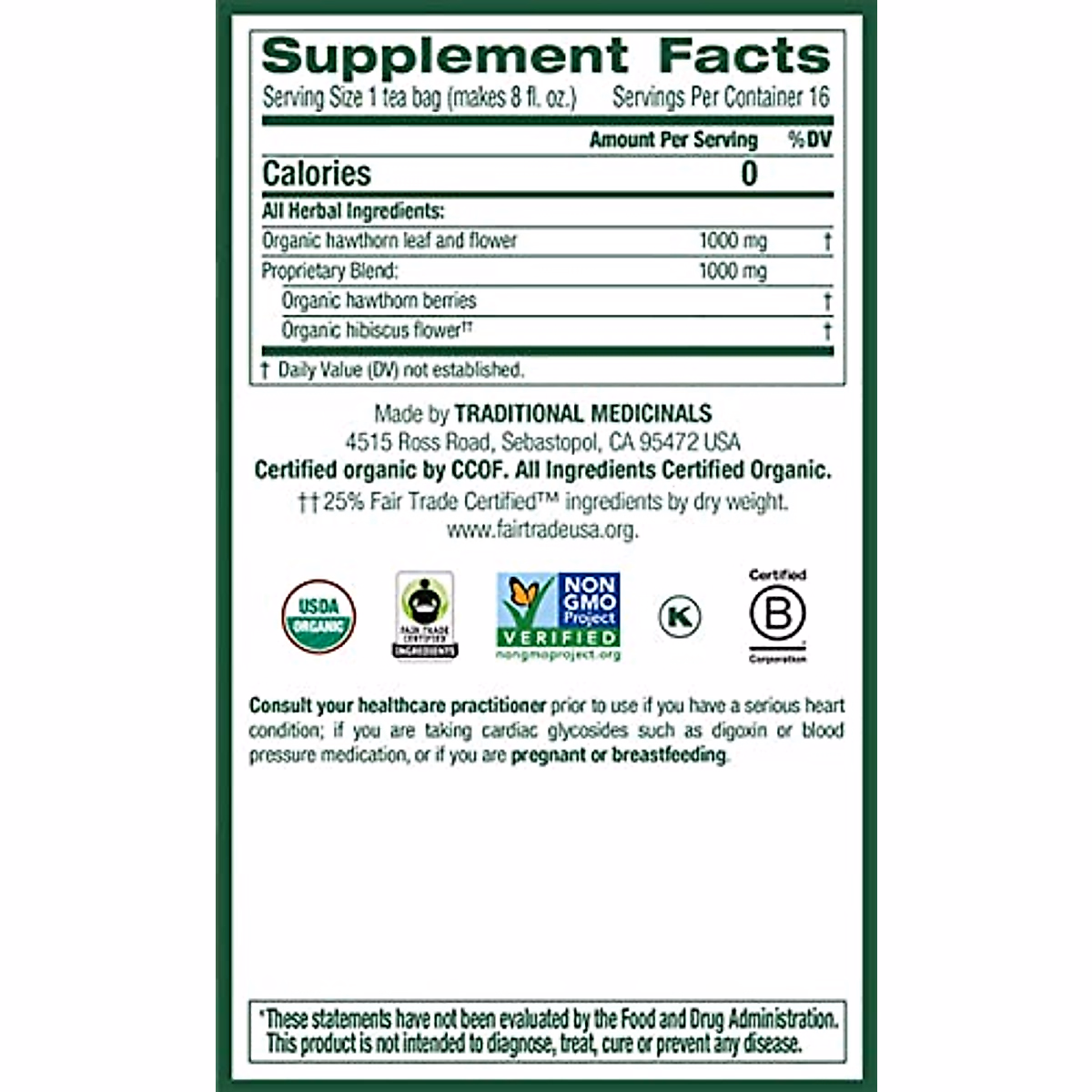 Traditional Medicinals Organic Hawthorn & Hibiscus Herbal Tea, Promotes Heart Health, (Pack of 4) - 64 Tea Bags Total