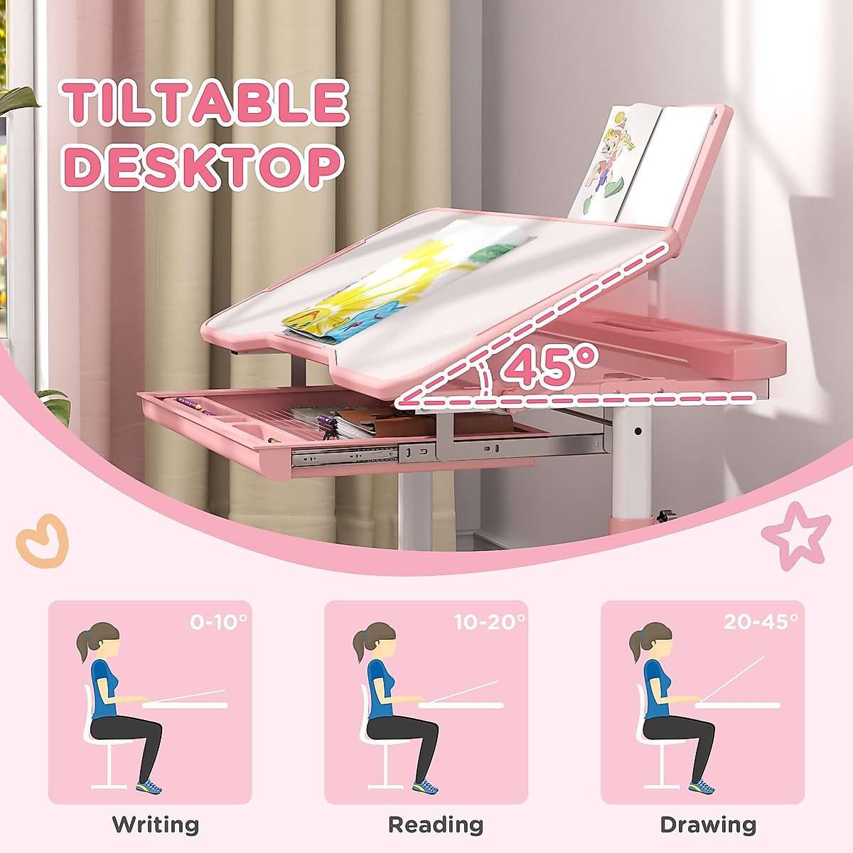 Qaba Kids Desk and Chair Set, Height Adjustable Kids School Study Desk and Chair Set with Tilt Desktop, Storage Drawer & Book Stand for Writing, Reading and Drawing, Pink