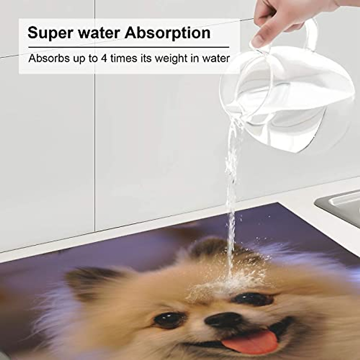 Happy short-haired pomeranian Printed Drying Mat For Kitchen Ultra Absorbent Microfiber Dishes Drainer Mats Non-Slip Silicone Quick Dry Pad - 18 X 16inch
