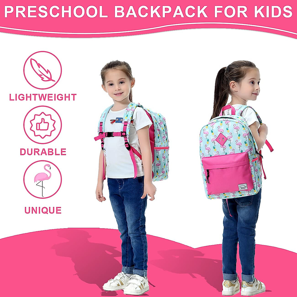 VASCHY Kids Backpack for Little Girls, Preschool Backpacks for Toddler with Chest Strap Cute Pineapple Flamingos