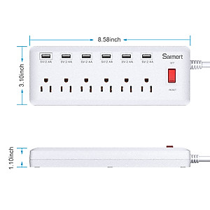 USB Power Strip, Surge Protector with 6 Outlets & 6 USB Charging Ports, 6ft Heavy Duty Extension Cord, USB Outlet Extender for Home & Office 1625W/13A