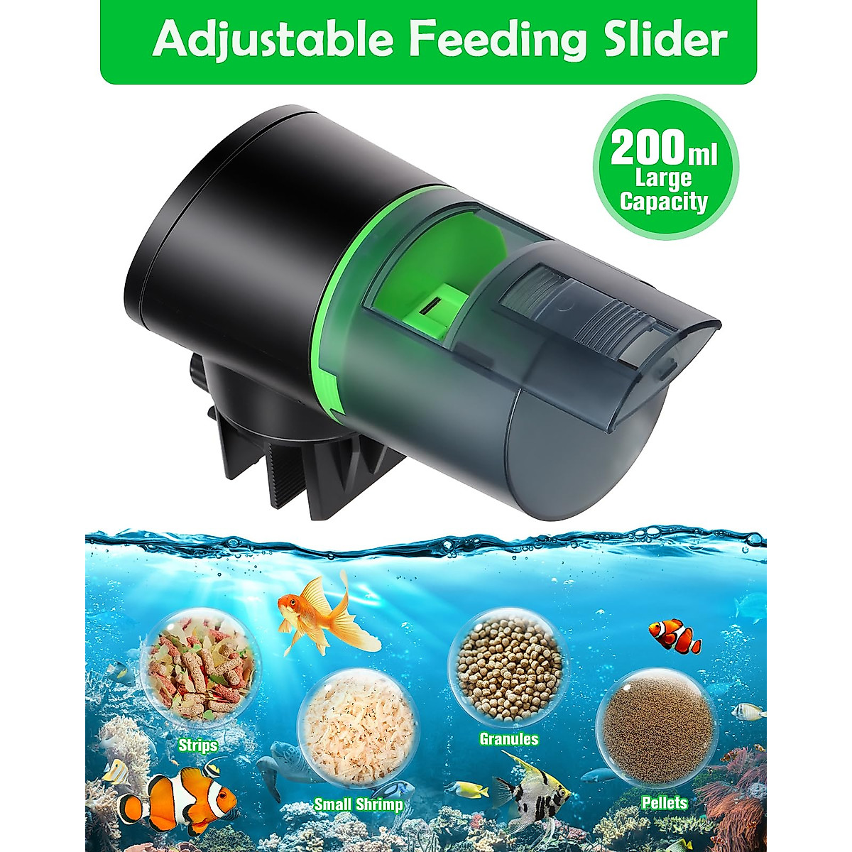 Petbank Automatic Fish Feeder for Aquarium - Auto Fish Food Dispenser Rechargeable for Small Large Tank with USB Charger Cable，12/24/48H Interval Esay Set Up (Green, CY-019)