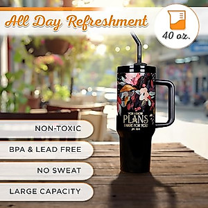 Christian Art Gifts Extra Large Stainless Steel Double Wall Vacuum Insulated Travel Tumbler for Women: Hope & Future Inspirational Scripture, Lid, Straw, Sturdy Handle, Black Multicolor Floral, 40 oz.