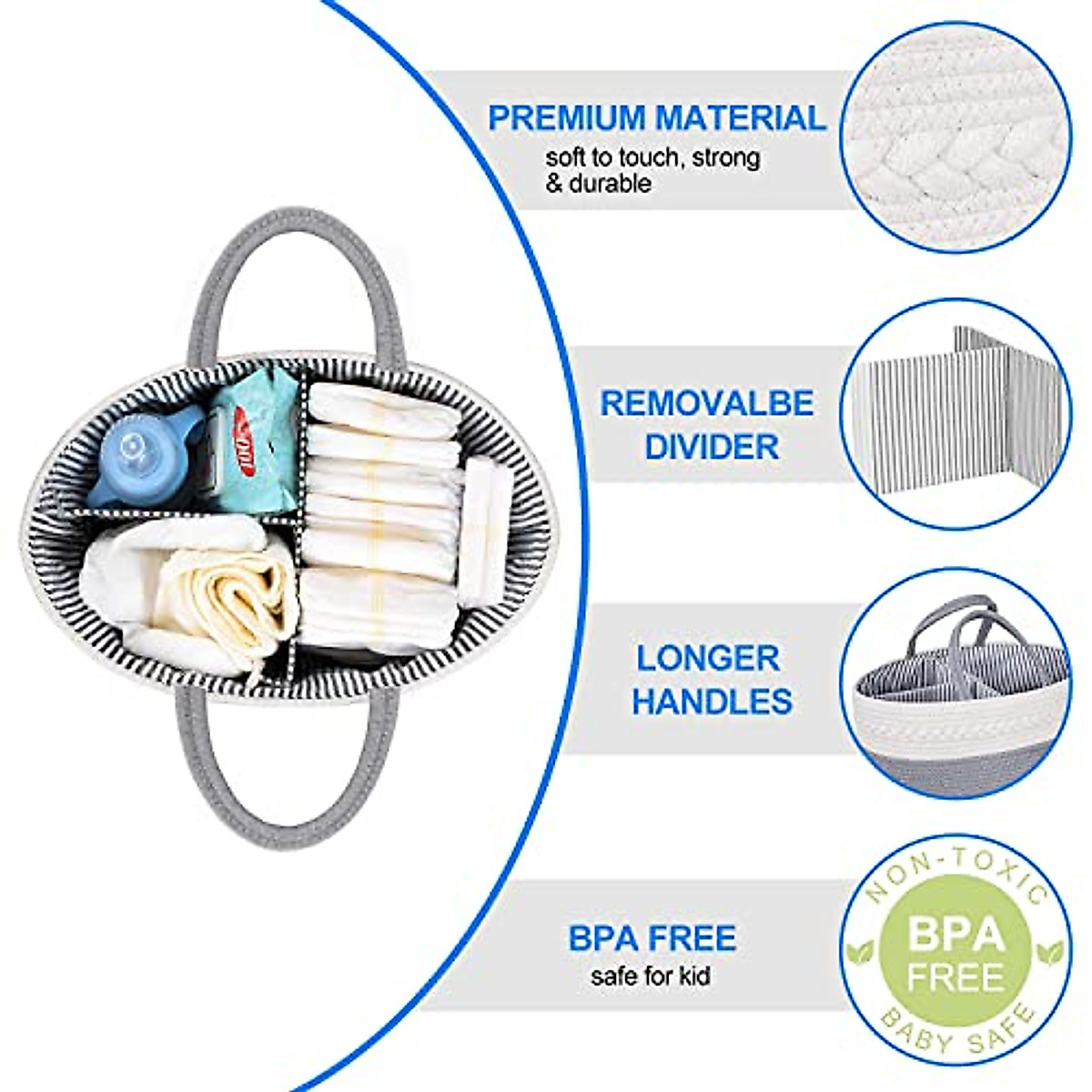 Conthfut Baby Diaper Caddy Organizer 100% Cotton Rope Nursery Storage Bin for Boys and Girls Large Tote Bag & Car Organizer with Removable Inserts Baby Shower Basket