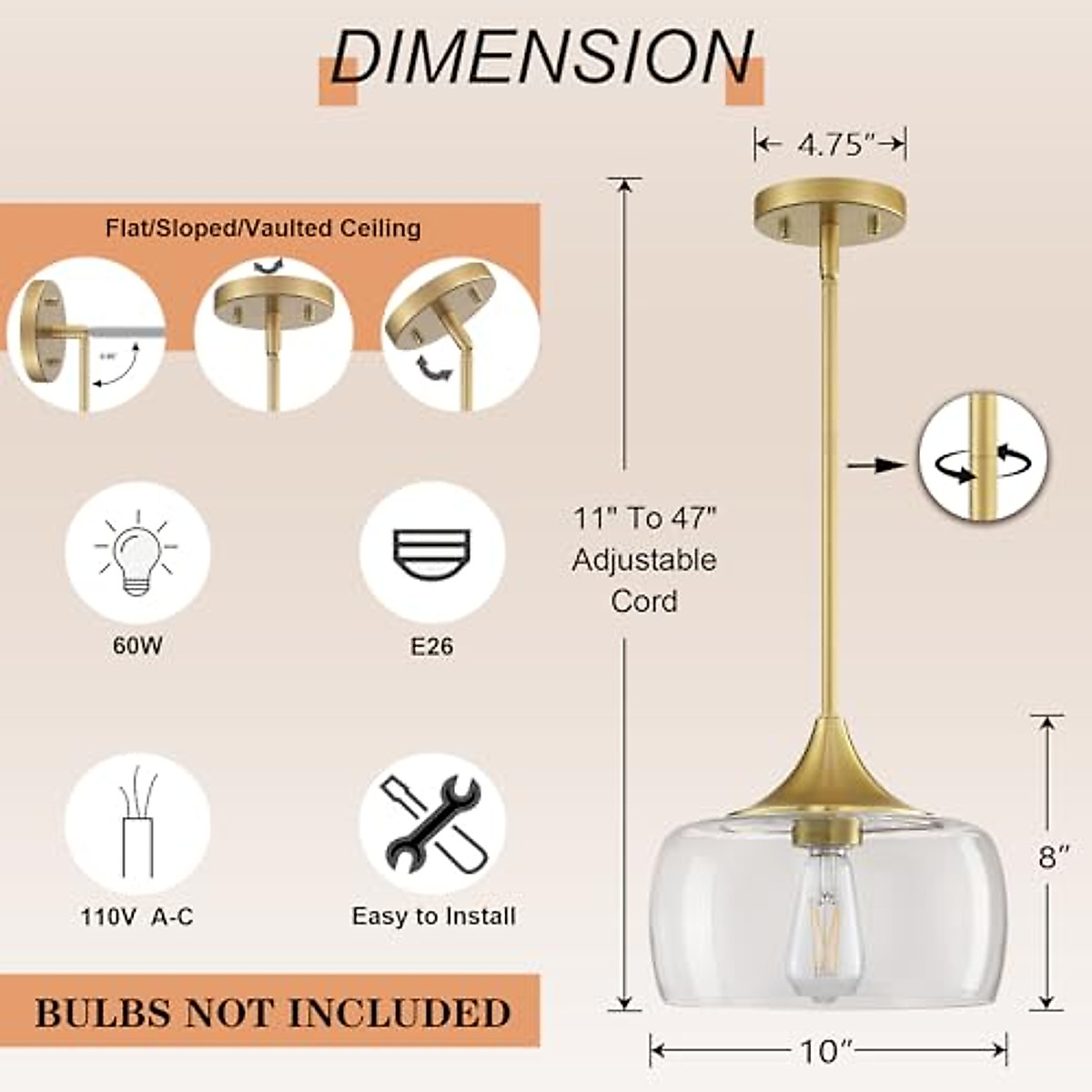 1 Light Semi Flush Mount Ceiling Light Pendant Light Modern Handblown Clear Glass Shade Classic for Farmhouse, Entryway, Dining Room, Kitchen Island (1 Pack, 10" Gold Pendant Light)