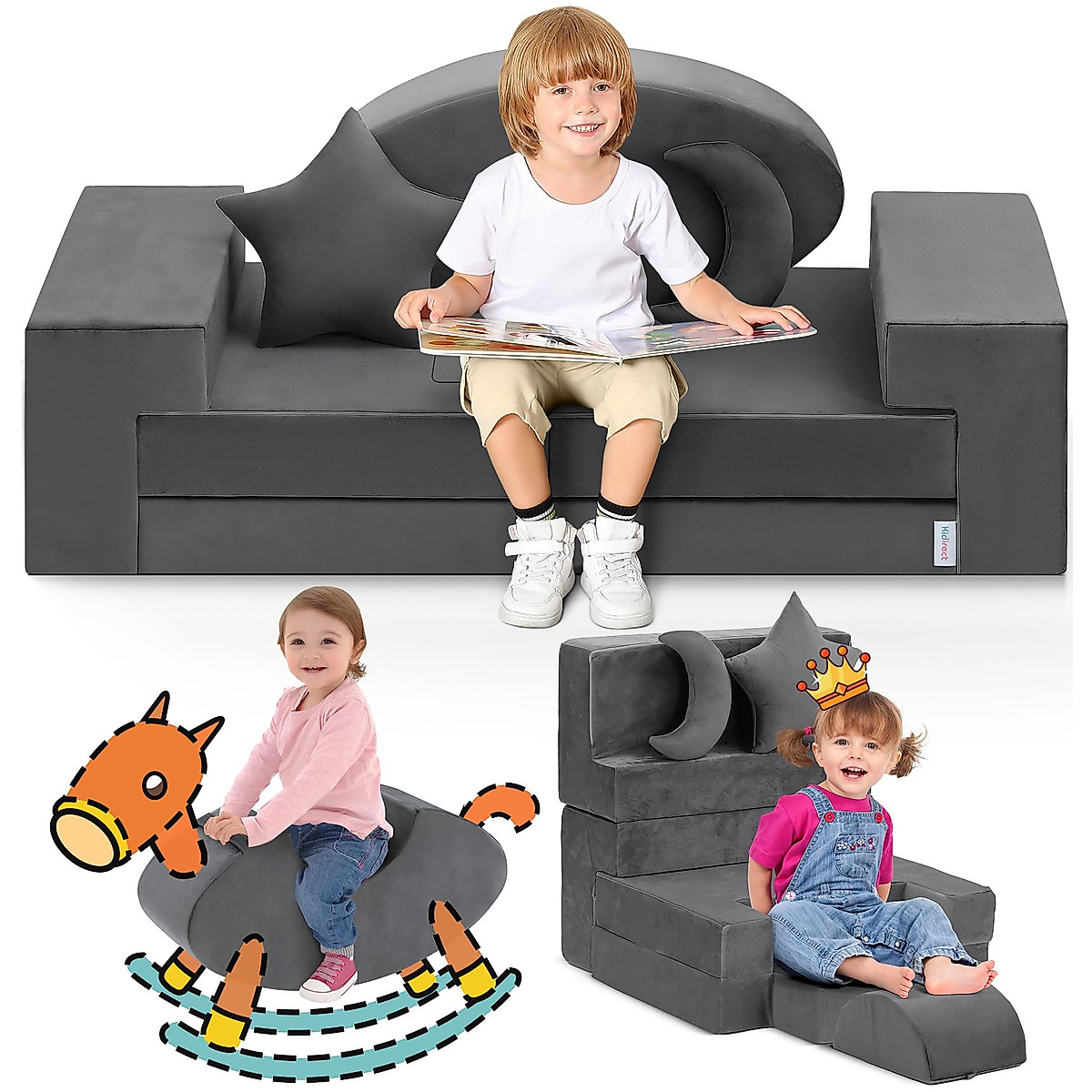 Modular Kids Play Couch, Kidirect K12 PRO DIY 400+ Creative Kids Couch for Playroom, Upgraded Play Couch Convertible Rocking Horse, Sectional Kids Sofa Couch with Star Moon for Kids and Toddlers(Grey)