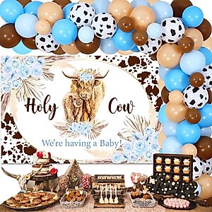 JOYMEMO Highland Cow Baby Shower Decorations for Boy - Blue Cow Balloon Garland Arch Kit with Holy Cow We are Having a Baby Backdrop, Boho Floral Highland Cattle Baby Shower Party Supplies