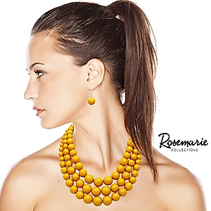 Rosemarie & Jubalee Women's 3 Colorful Multi Strands Simulated Pearl Necklace And Earrings Jewelry Gift Set, 18"+3" Extender (Mustard Yellow Silver Tone)