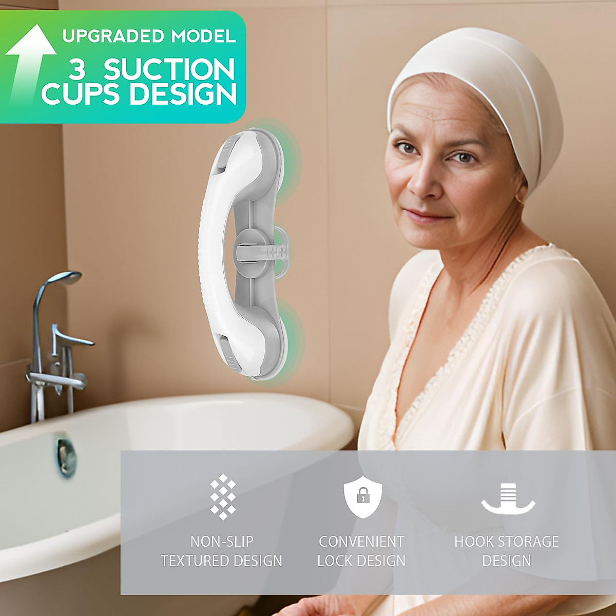 2-Pack Shower Handle Safety Grab Bars with 3 Suction Cups for Bathtubs and Showers - Bathroom Rails Aid for Seniors, Elderly, Handicap - Wall & Bath Tub Toilet Support (Grey)